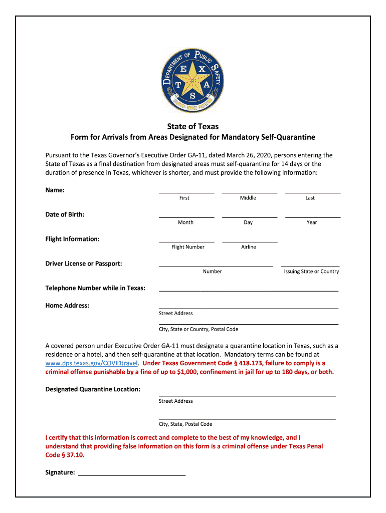 Fillable Online Isolation and Quarantine - Texas Department of State ...