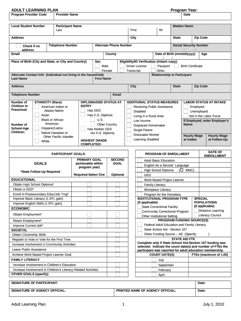 Adult Learning Plan Addendum Continued Registration Doc Template ...