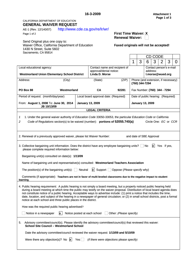 Submit a Waiver Request - Waivers (CA Dept of ... - CDE's Doc Template | pdfFiller