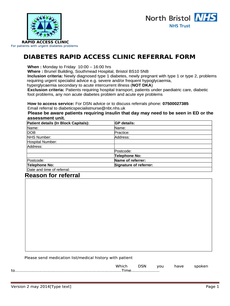 Diabetes Rapid Access Clinic Referral .doc Doc Template | pdfFiller