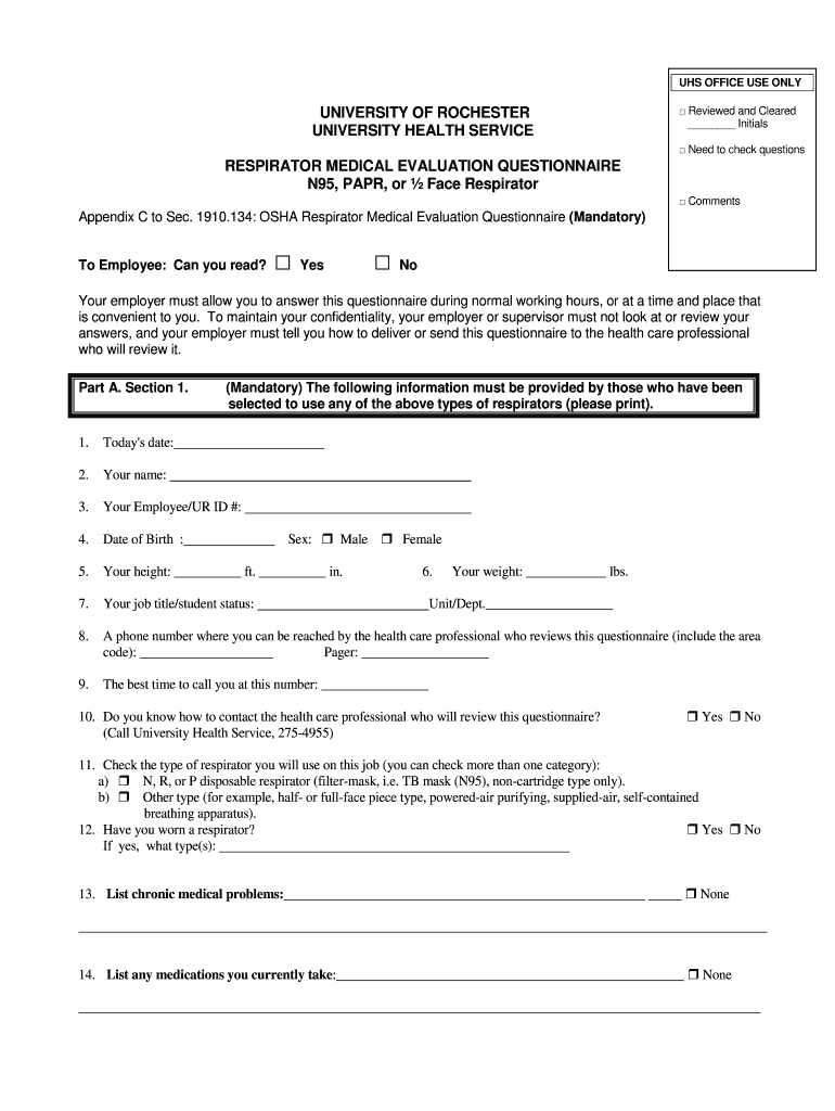 Fillable Online Respirator Medical Evaluation Questionnaire ...
