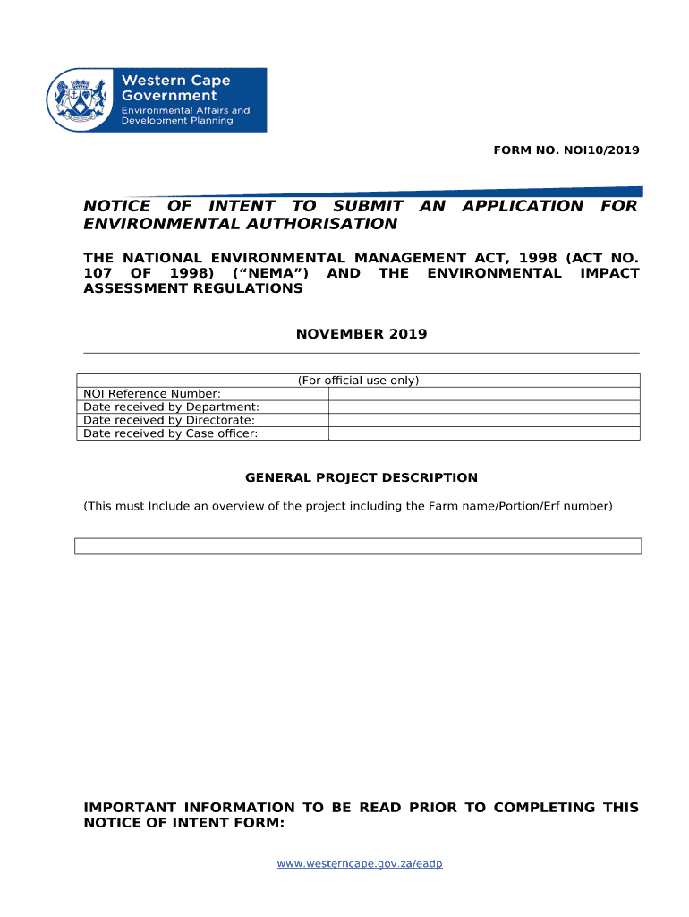 NOTICE OF INTENT TO SUBMIT AN APPLICATION FOR ENVIRONMENTAL ...