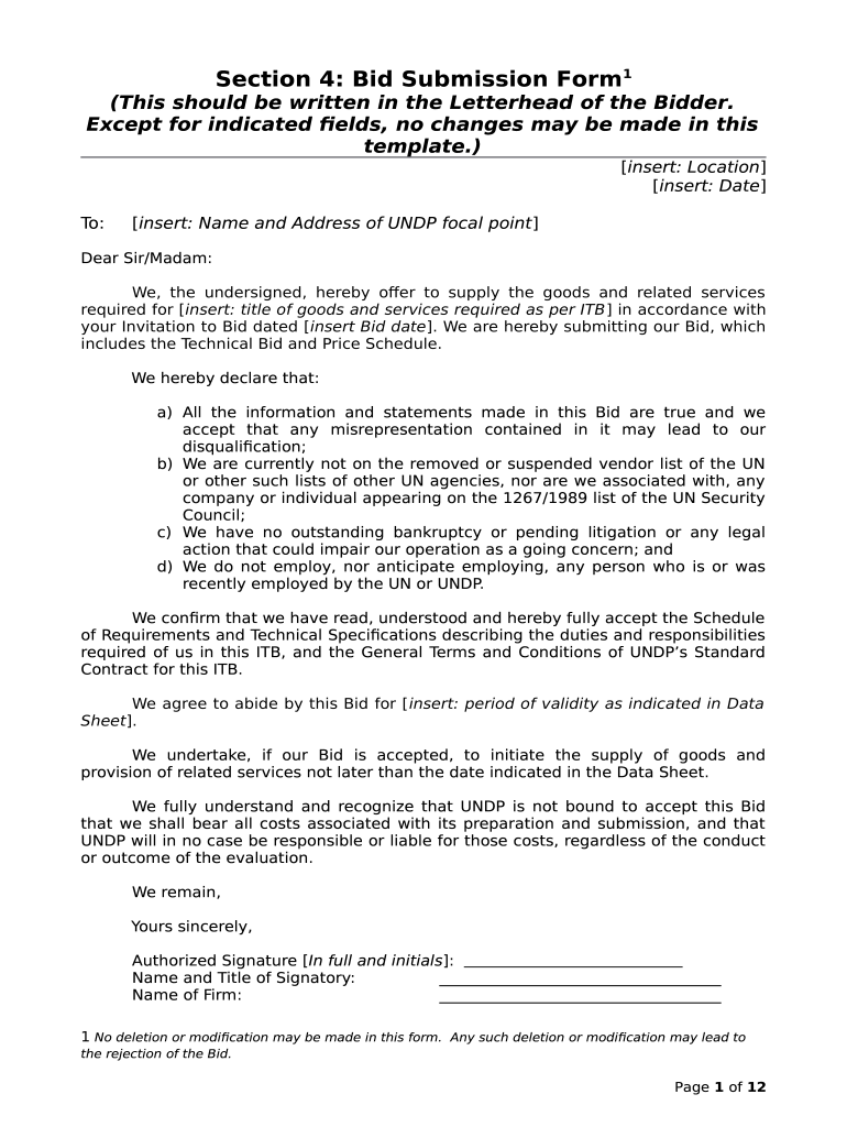 Section 4: Bid Submission - UNDP Procurement Doc Template | pdfFiller