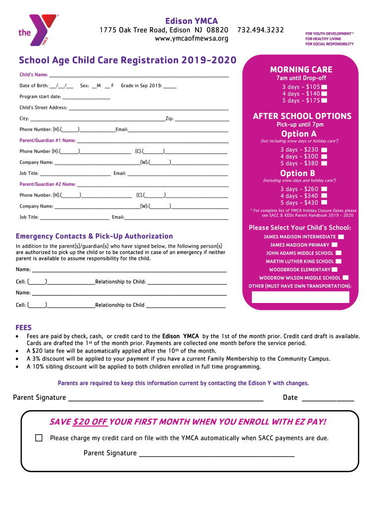 Fillable Online School Age Child Care Registration 2019 2020 MORNING CARE Fax Email Print ...