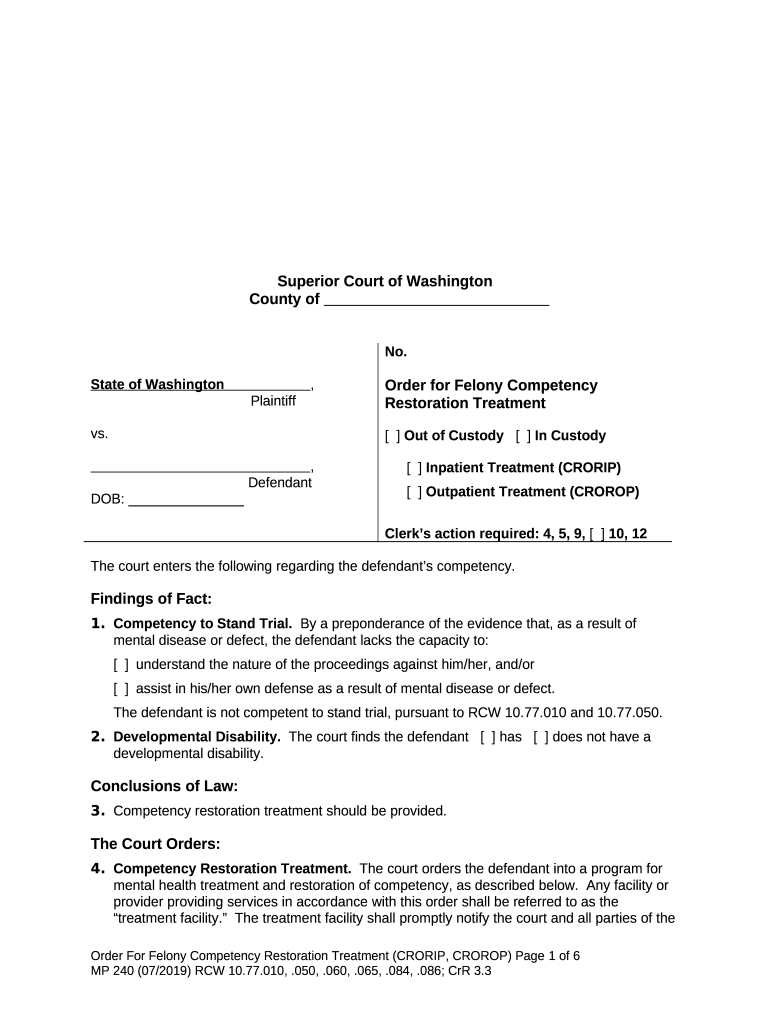 Order for Felony Competency Restoration Treatment Doc Template | pdfFiller