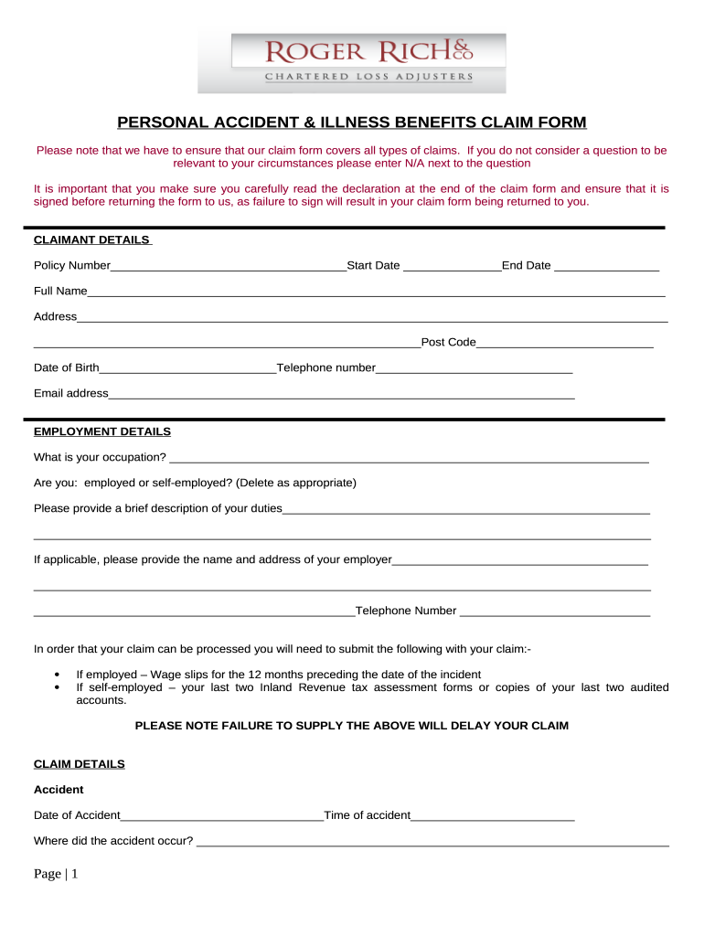 PERSONAL ACCIDENT AND HEALTH CLAIM Doc Template | pdfFiller