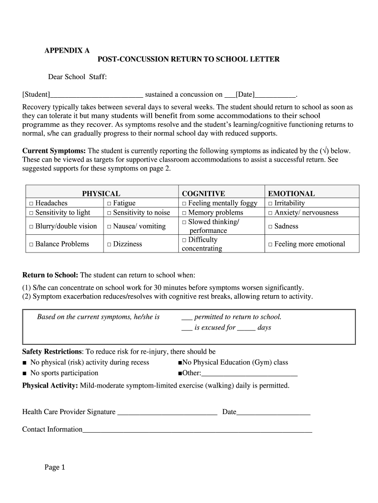 Fillable Online Returning to School After a Concussion - Centers for ...