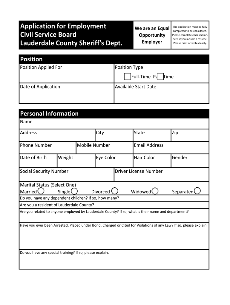 Fillable Online Application for Employment Civil Service Board Lauderdale County ... Fax Email ...