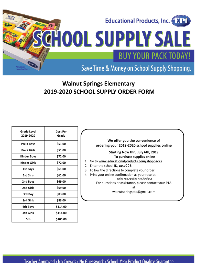 Fillable Online Walnut Springs Elementary 2019-2020 SCHOOL SUPPLY ORDER ...