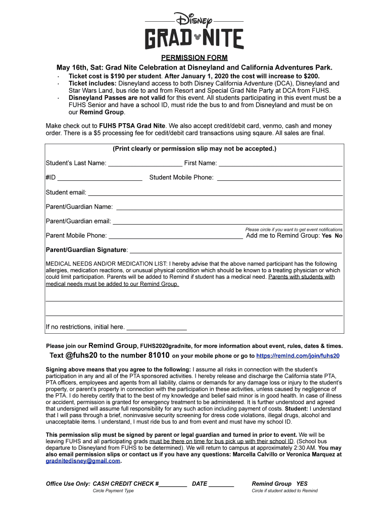 Fillable Online PERMISSION FORM May 16th, Sat: Grad Nite Celebration at ...