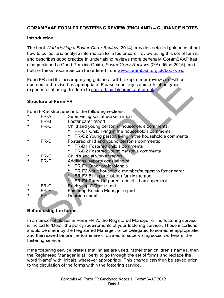 Fillable Online CORAMBAAF FORM FR FOSTERING REVIEW (ENGLAND ... Fax ...