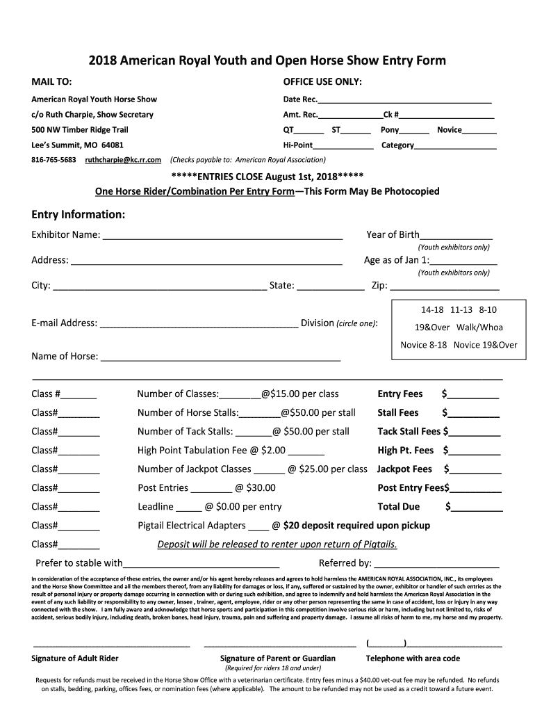 Fillable Online 2018 American Royal Youth and Open Horse Show Entry ...