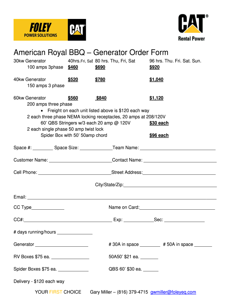 Fillable Online American Royal BBQ Generator Order Form Fax Email Print ...