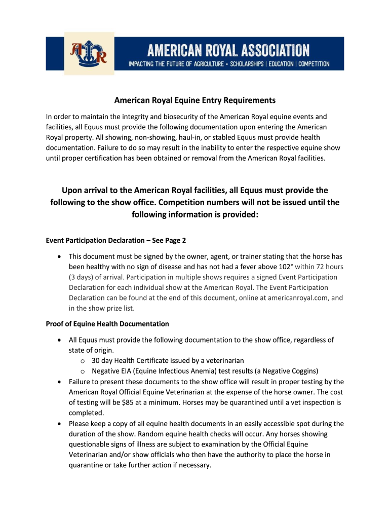Fillable Online NEW EQUINE HEALTH REQUIREMENTS FOR UPHA/AMERICAN ROYAL ...