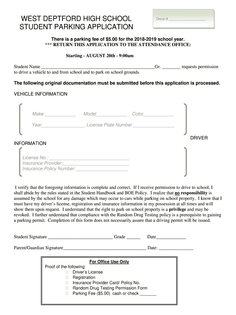 Fillable Online WEST DEPTFORD HIGH SCHOOL STUDENT PARKING APPLICATION ...