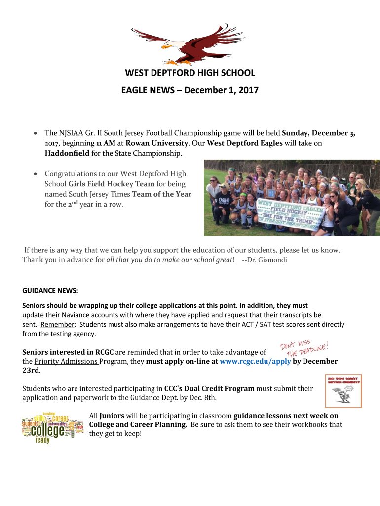 Fillable Online WEST DEPTFORD HIGH SCHOOL EAGLE NEWS December 1, Fax ...