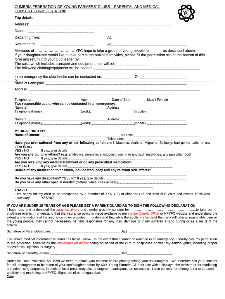 CUMBRIA FEDERATION OF YOUNG FARMERS CLUBSPARENTAL AND MEDICAL CONSENT ...