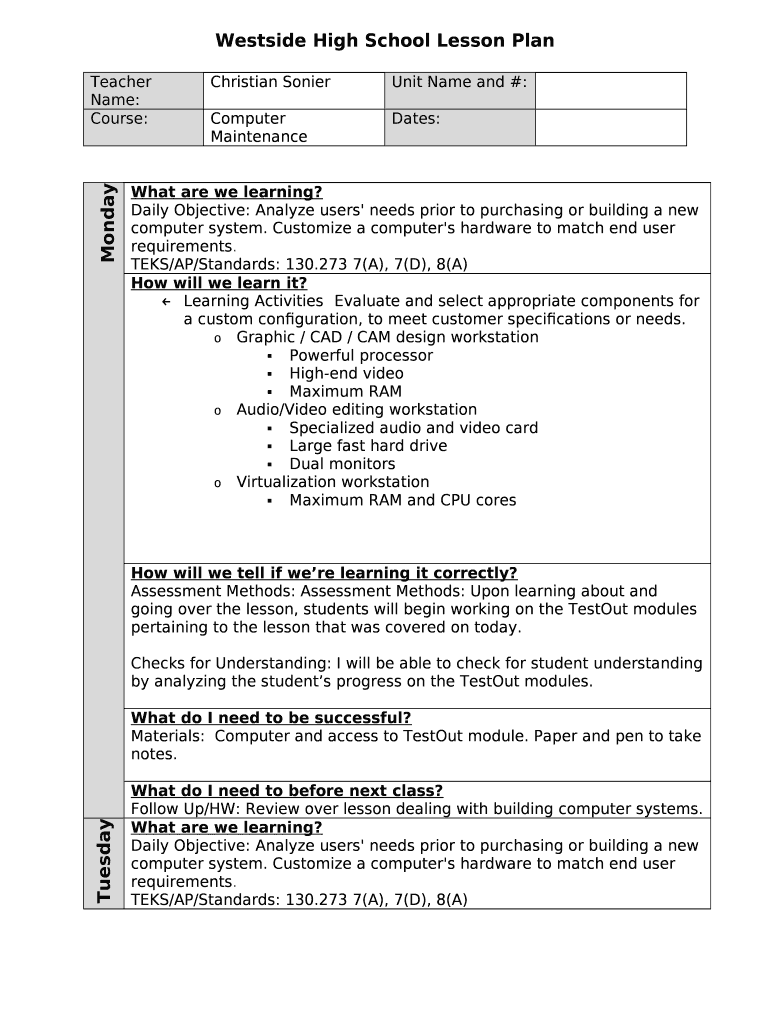 Westside High School Lesson Plan - Houston ISD Doc Template | pdfFiller