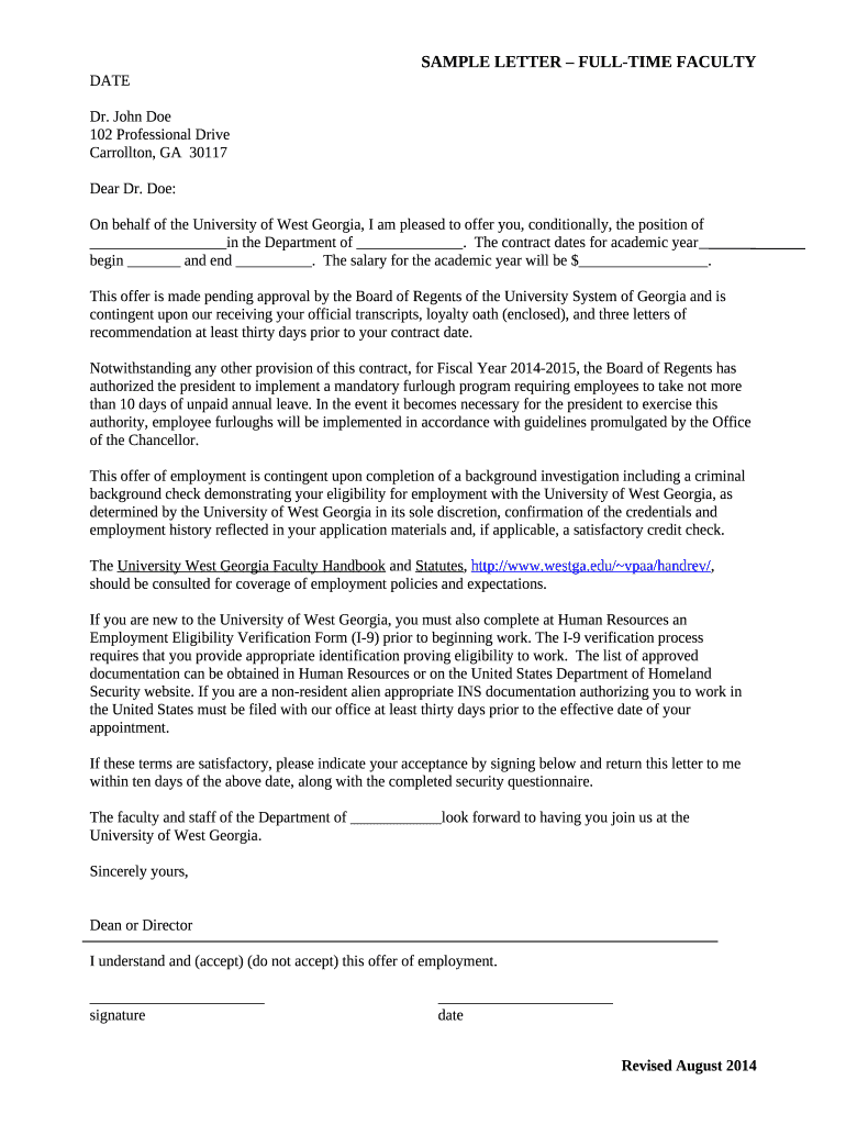 SAMPLE LETTERFULL-TIME FACULTY Doc Template | pdfFiller
