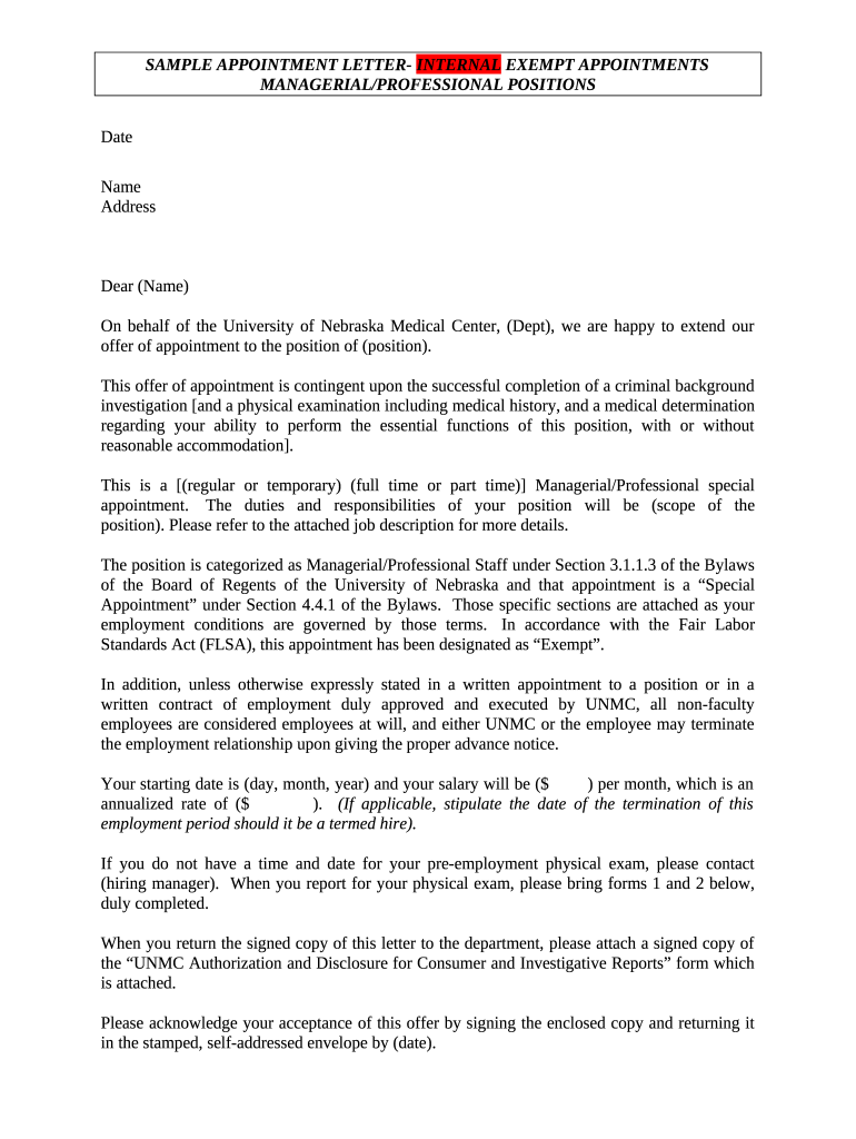 SAMPLE APPOINTMENTS LETTER- INTERNAL APPOINTMENTS Doc Template | pdfFiller