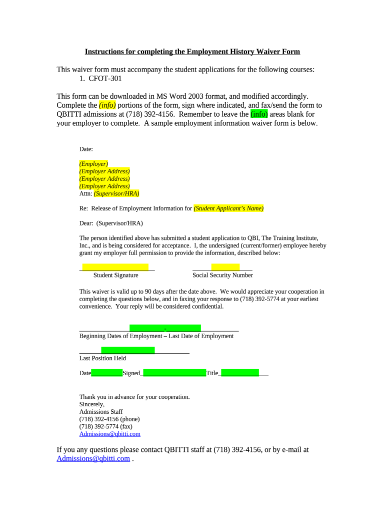 Employment History Waiver - QBI, The Training Institute Doc Template | pdfFiller