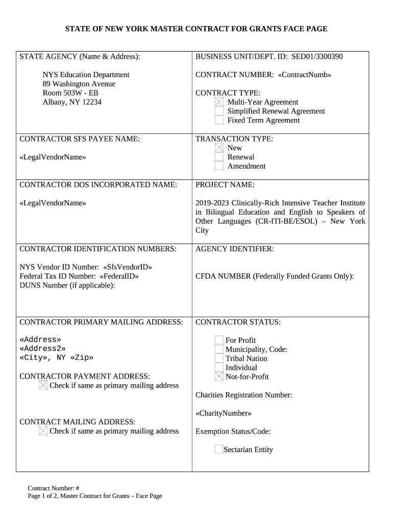 Master Grant Contract Template ALE - New York State ... Doc Template | pdfFiller