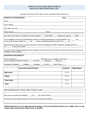 Buffalo Restoration Employment Application Doc Template | pdfFiller