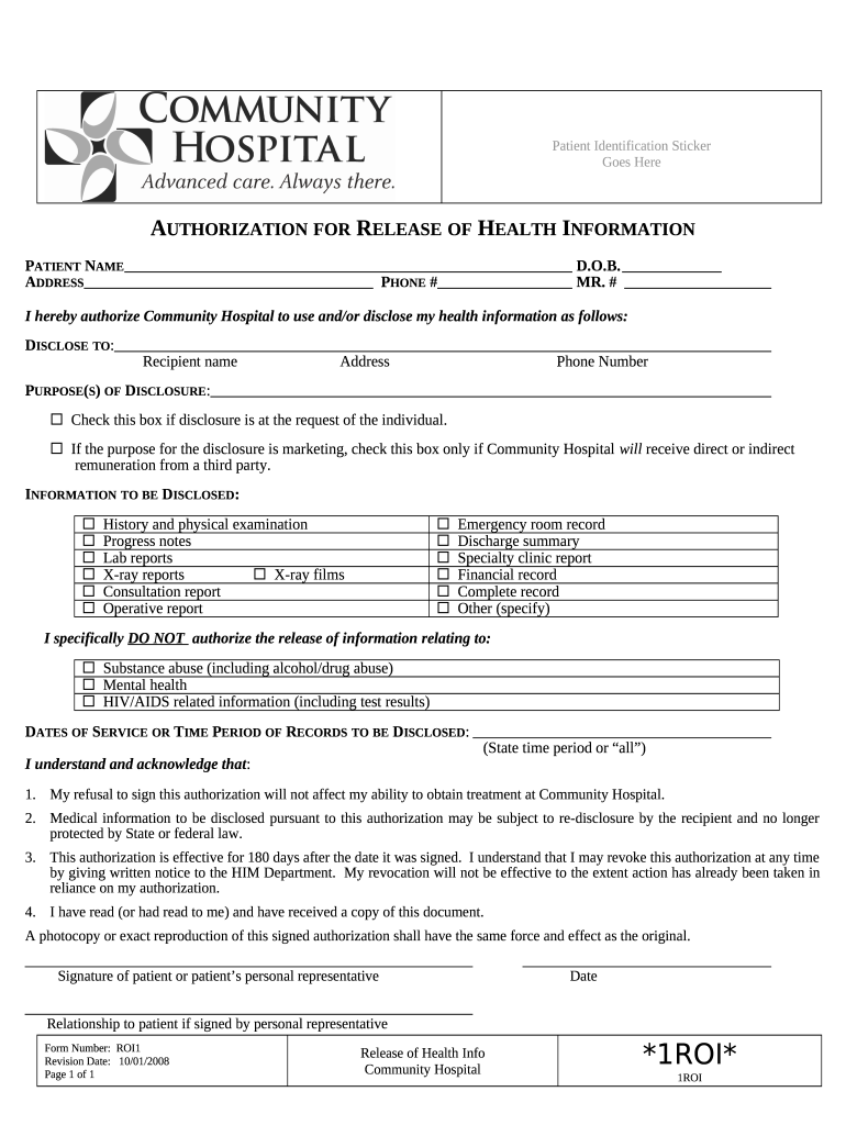 Authorization for Release of Health Ination - Community Hospital Doc Template | pdfFiller