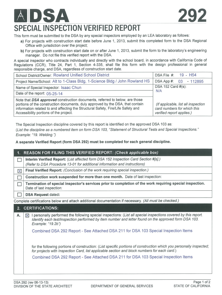 Fillable Online Form DSA 152: Project Inspection Card - DGS.ca.gov Fax ...