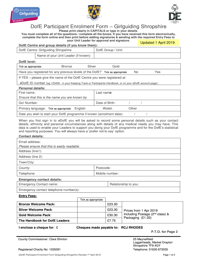 Fillable Online Shropshire DofE Application Form Apr15 - PDFfiller Fax ...