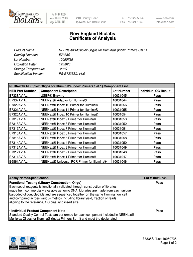 Fillable Online NEBNext Multiplex Oligos for Illumina (Index Primers ...