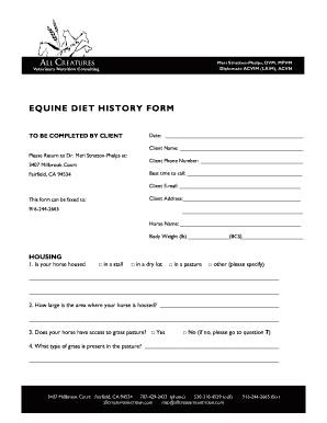 Fillable Online EQUINE DIET HISTORY FORM Fax Email Print - pdfFiller