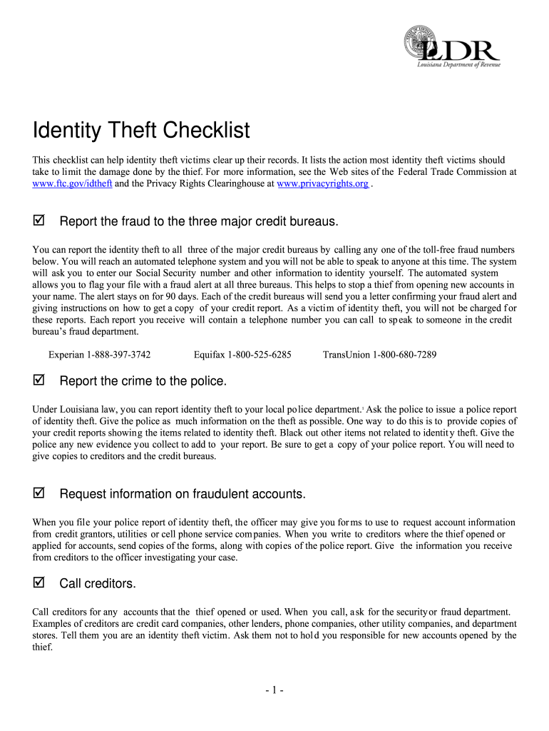 Fillable Online Identity Theft Victim Checklist - Louisiana Revenue Fax ...