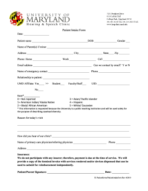 Fillable Online Patient Intake Form - University of Maryland Hearing ...