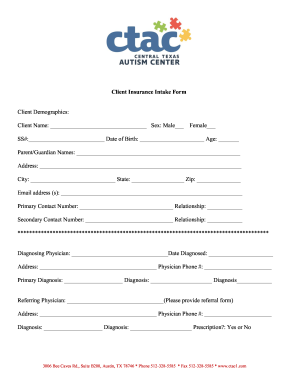 Fillable Online Client Insurance Intake Form - Central Texas Autism ...