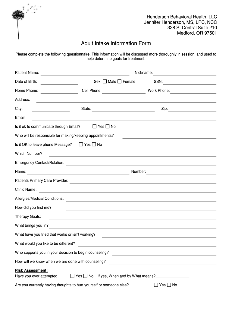 Fillable Online Adult Intake Information Form - Henderson Behavioral ...