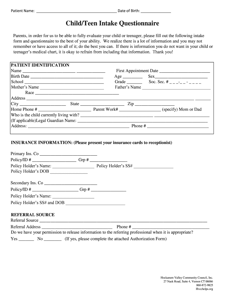 Fillable Online Child/Teen Intake Questionnaire Fax Email Print - pdfFiller