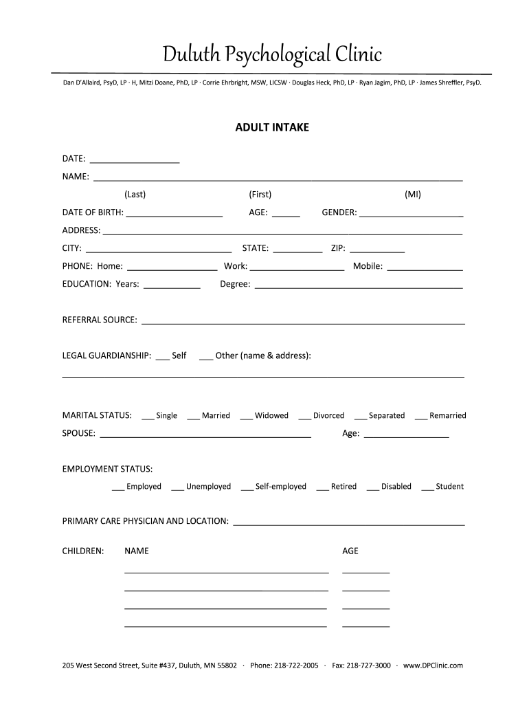 Fillable Online DPClinic Adult Intake Forms - The Duluth Psychological ...