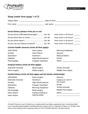 Fillable Online Sleep intake form (page 1 of 2) Fax Email Print - pdfFiller