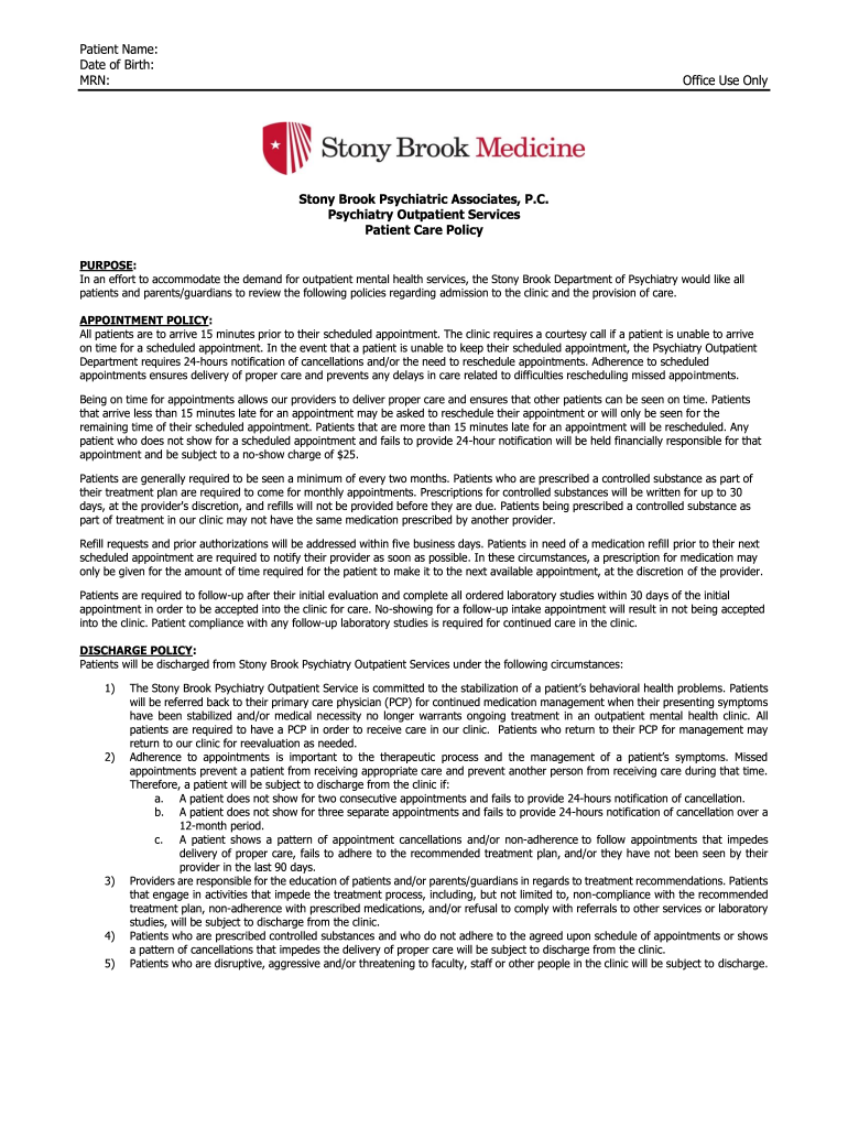 Fillable Online Patient Name: Date of Birth: MRN: Office Use Only Stony ...