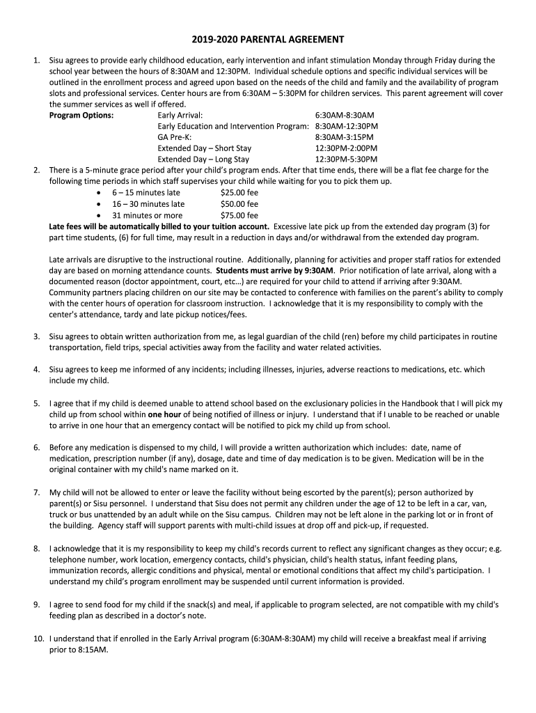 Fillable Online 2019-2020 PARENTAL AGREEMENT Fax Email Print - pdfFiller