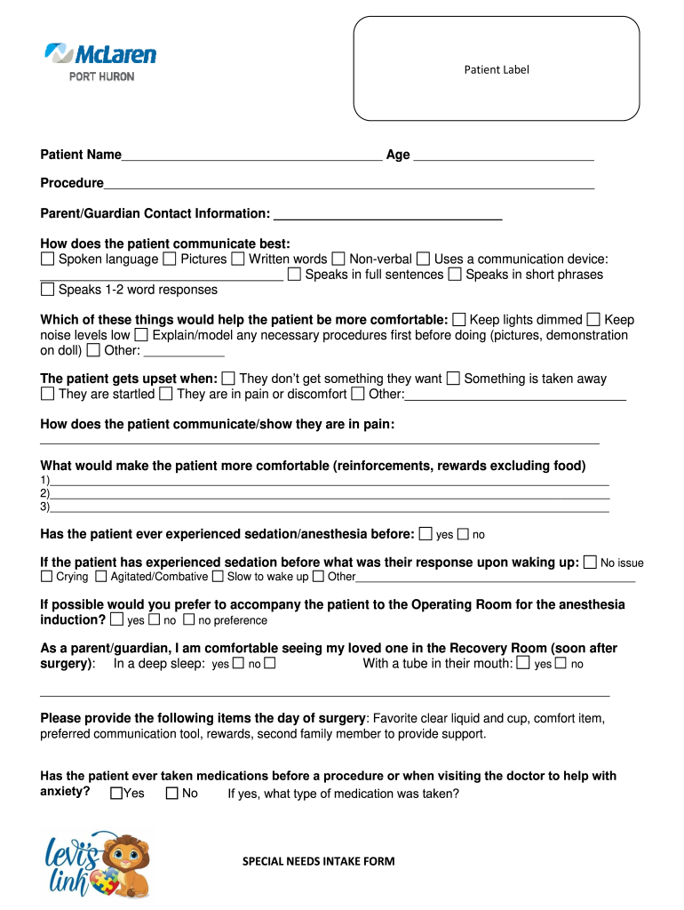 Fillable Online Intake Form Surgery Levi. McLaren Port Huron Levi's ...