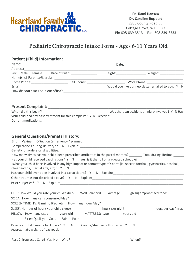 Fillable Online Pediatric Chiropractic Intake Form - Ages Years Old Fax ...