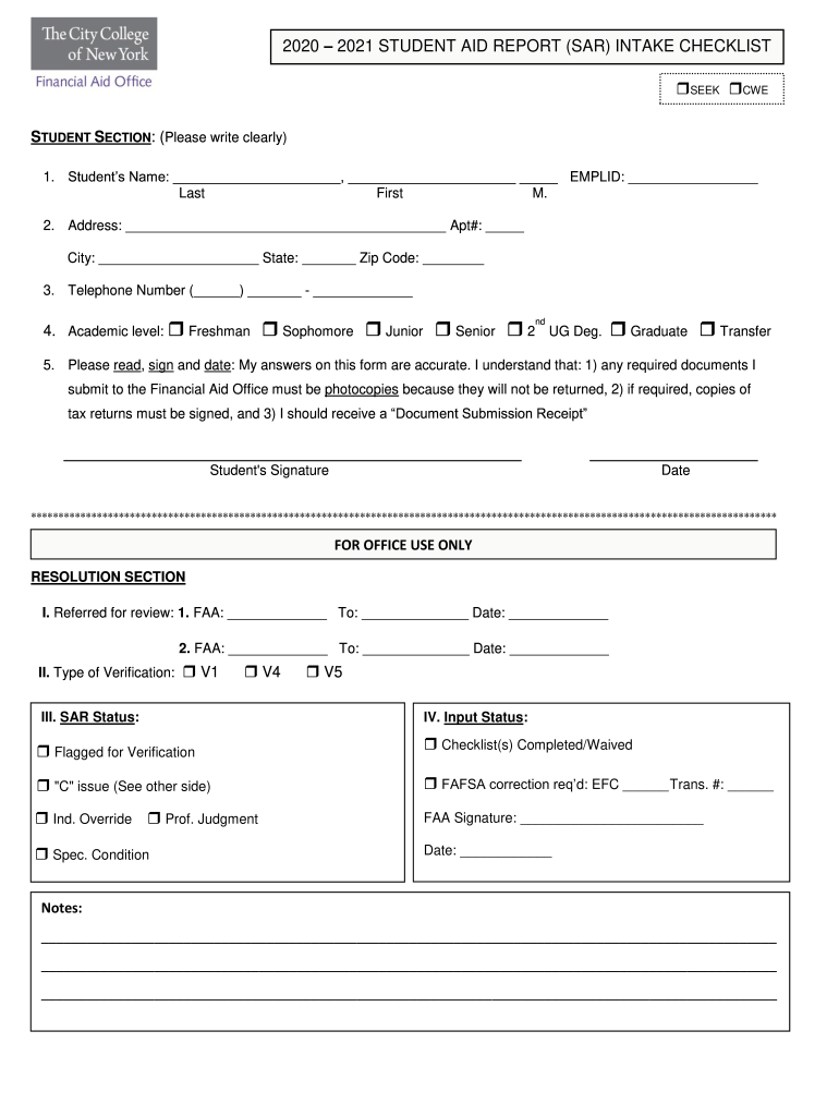 Fillable Online 2019 2020 STUDENT AID REPORT (SAR) INTAKE CHECKLIST ...