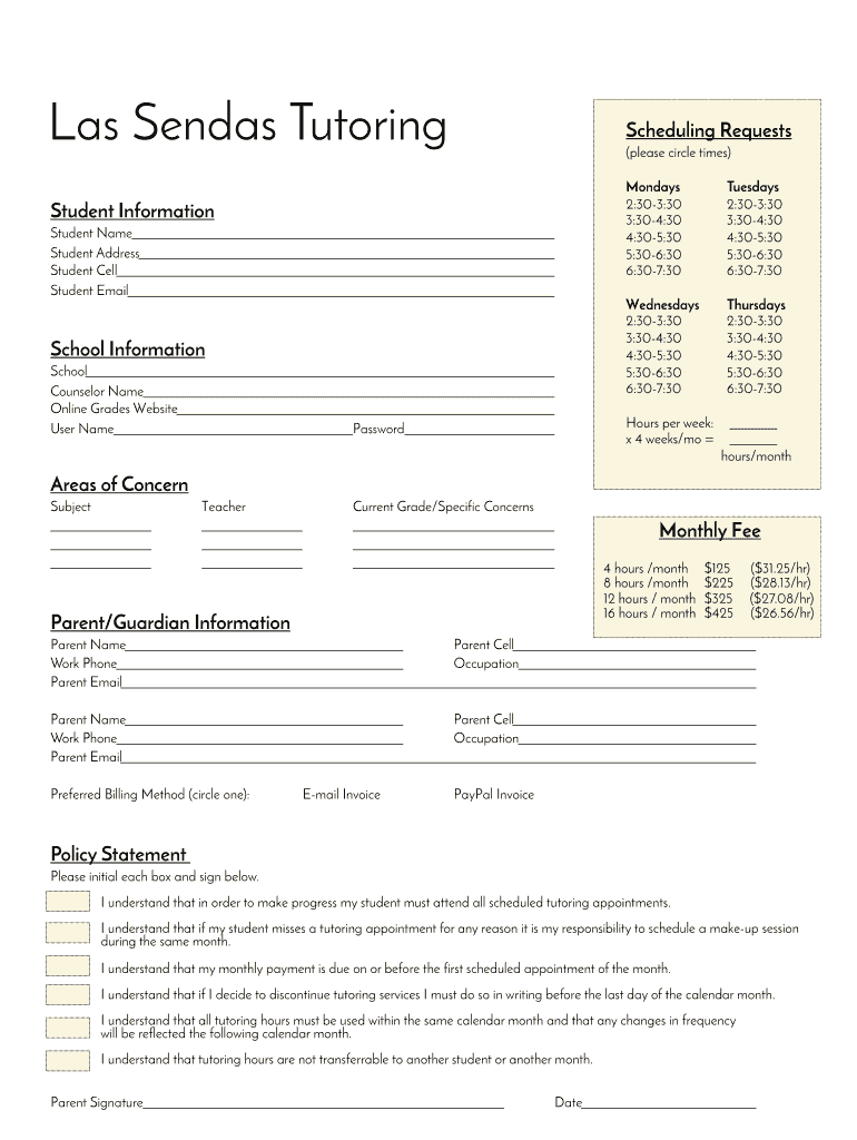 Fillable Online Tutoring Intake Form Fax Email Print - pdfFiller