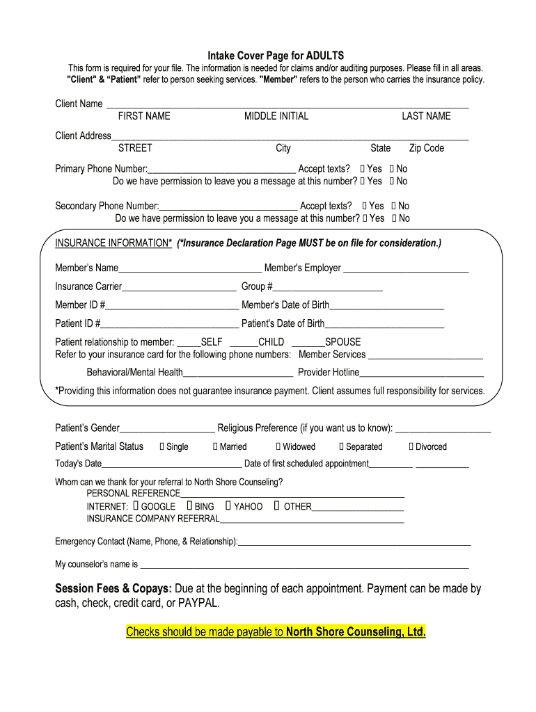 Fillable Online Intake Cover Page: CHILD/TEEN - Autism & Anxiety ...