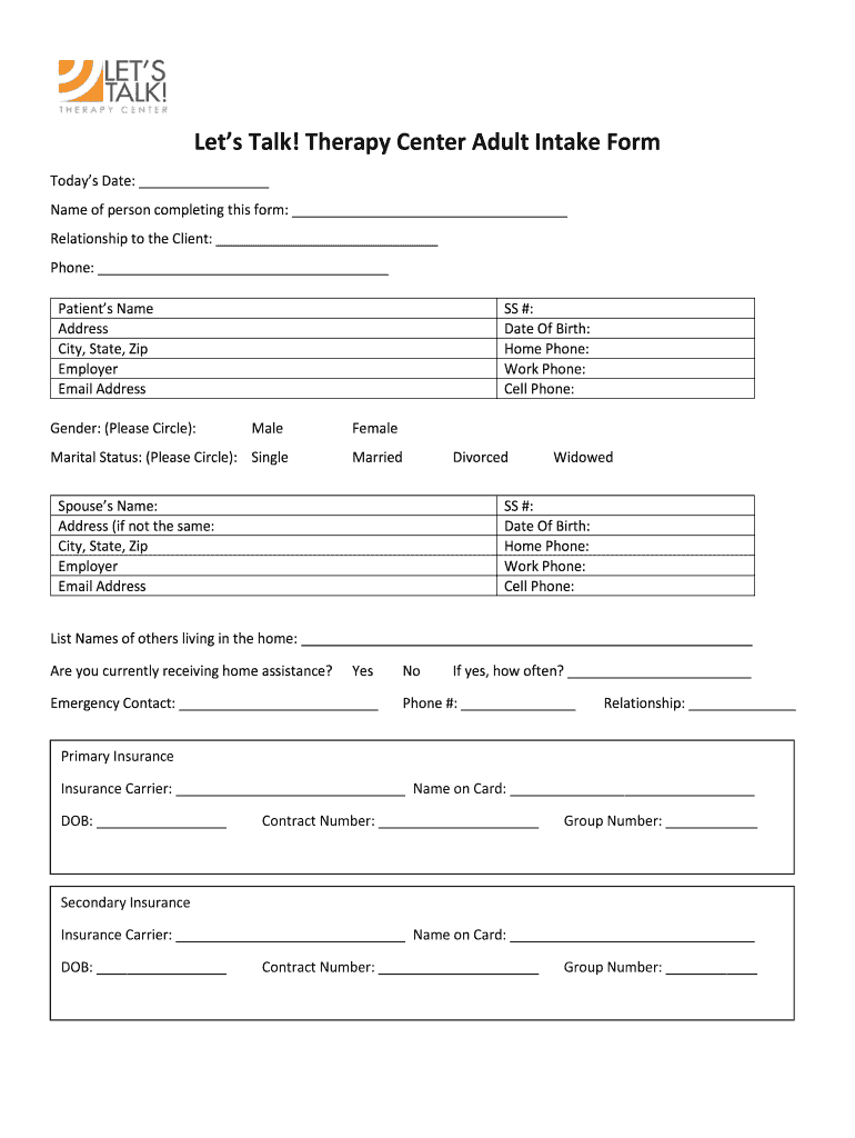 Fillable Online Adult Patient History Form - Let's Talk Therapy Center ...