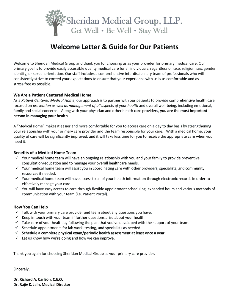 Fillable Online Fillable Online Welcome Letter & Guide for Our Patients ...