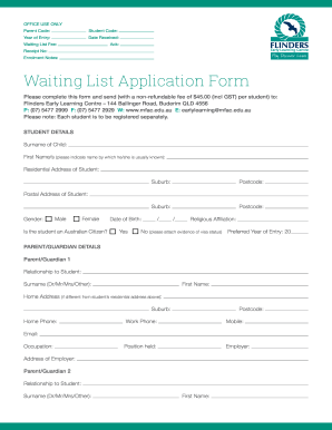 Fillable Online Waiting List Application Form - Matthew Flinders ...