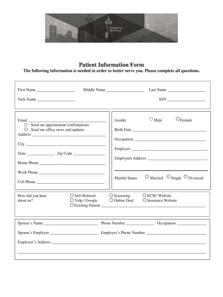Fillable Online Patient Information Form - Emerald City Spinal Care Fax Email Print - pdfFiller
